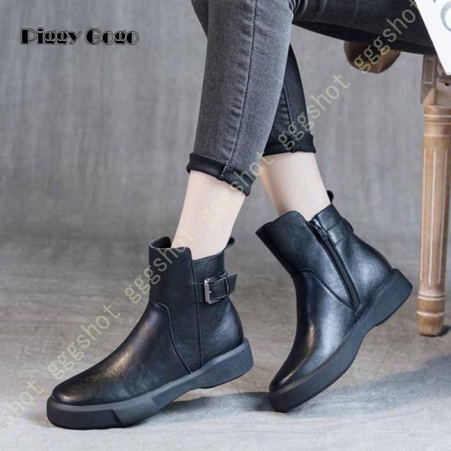 レディース シンプル ショートブーツ 無地 ラウンドトゥブーツ 本革 ローヒール 幅広 疲れない 大きい/小さいサイズ 大きいサイズ 26.5cm ブーツ 黒