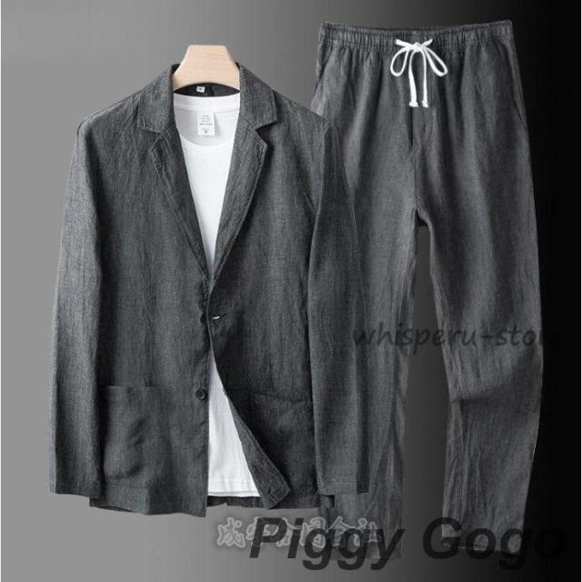 サマースーツ 2ピース スーツセットアップ メンズ リネン リネンパンツ 綿麻 薄手 通気性よい カジュアルスーツ ビジネス 通勤 春秋 夏 父の日 ギフト