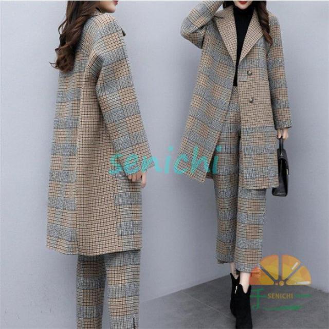 パンツセットアップ レディース コート スーツパンツ ロングパンツ スリット ロング丈 2点セット ゆったり 大きいサイズ スーツジャケット セレモニー チェック