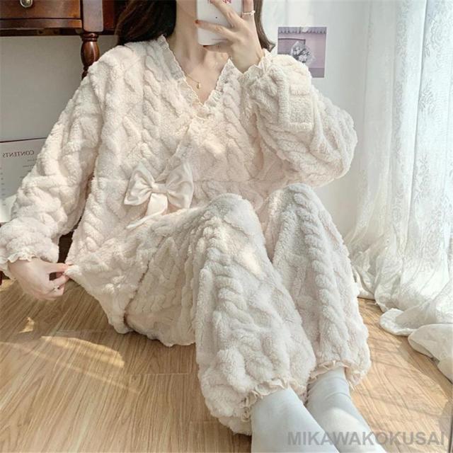 マタニティ パジャマ 冬 モコモコ リボン おしゃれ vネック 長袖 マタニティ ルームウェア 授乳口 付き ウエスト調節 パジャマ 上下セット マタニティ パジャマ