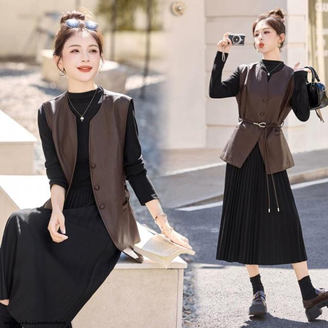 ワンピース レディース 秋 冬 2点セット シープレザー ベスト プリーツワンピース ロング丈 ワンピース 長袖 きれいめ 大人 上品 30代 40代 通勤 OL 着痩せ