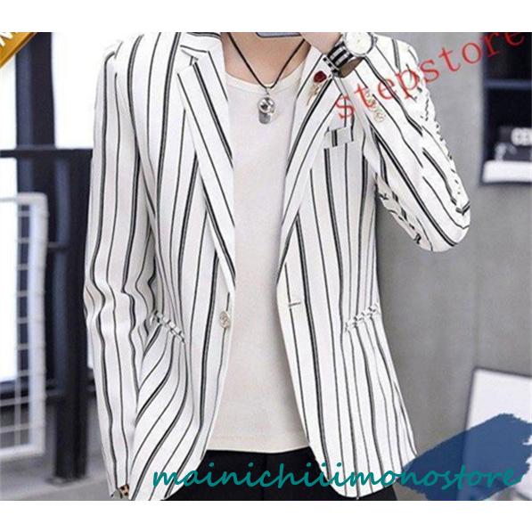 メンズ テーラードジャケット ストライプ 長袖 白 黒 カジュアルジャケット 春 秋 ブレザー 細身 大きいサイズ