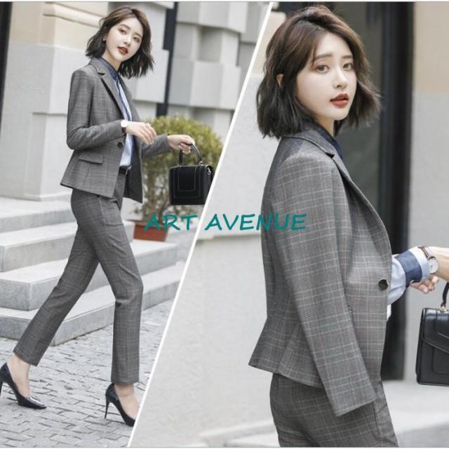 レディース スーツセット パンツセットチェック柄 20代30代40代 事務服 細身シルエット 制服OL ビジネス 入学式 卒業式 通勤