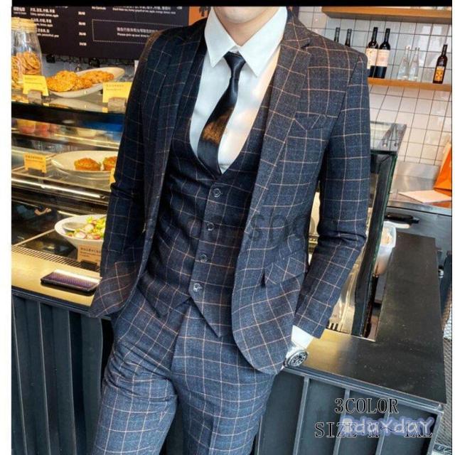 チェック柄 タキシードスーツ 1つボタンスーツ 3ピーススーツ セットアップ フォーマル メンズスーツ 二次会 成人式 就職活動 ビジネススーツ 結婚式 3color