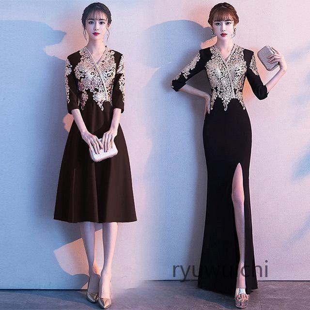 マーメイドドレス スリット 黒 イブニングドレス Vネック ロングドレス ミモレ丈ドレス Aライン パーティードレス お呼ばれドレス ブラック