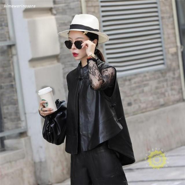 春夏秋冬 本革 ベスト レディース レザーベスト 合わせやすい ジレベスト ベスト前開き チョッキ バイク用ベスト 通勤 カジュアル フォーマル