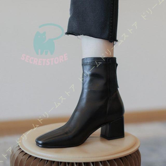 レディース 本革 ショートブーツ スクエアトゥ 痛くない ブーティー 歩きやすい 履きやすい バックジップ 太ヒール アンクルブーツ シンプル カジュアル