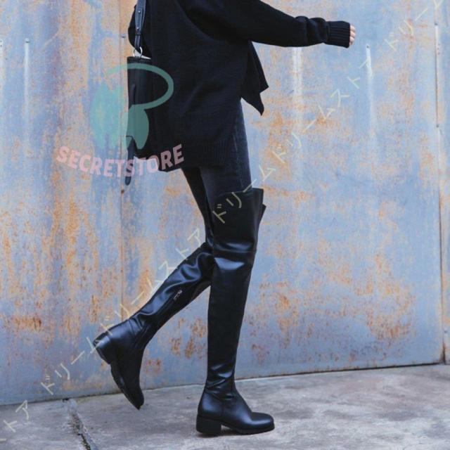 レディース ロングブーツ ブーツ 本革 折り返し 太ヒール 美脚 ニーハイ ブーツ 大きいサイズ ロング ブーツ ジョッキー風 ブーツ 太ヒール エンジニアブーツ