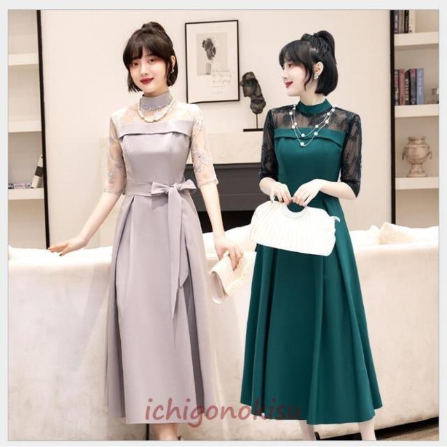 パーティードレス 結婚式 大きい ミモレ丈ワンピース 30代 40代 50代 袖あり きれいめ お呼ばれ 卒業式入学式披露宴 フォーマルドレス 服装 ママ おしゃれ