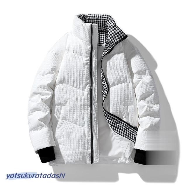 【送料無料】ダウンジャケット メンズ 白 おしゃれ キルティングコート 立ち襟 切り替え 千鳥格子 軽量 暖かい 防寒着 アウトドア カジュアル 冬 ブランド