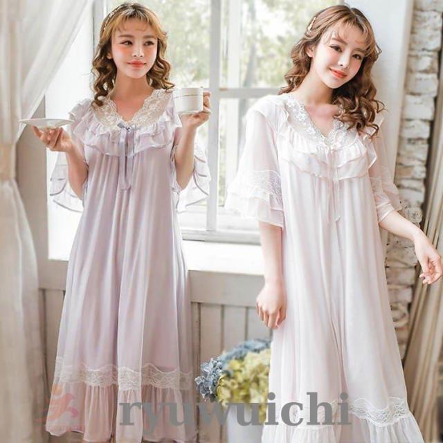 4色！新作 レディース レース 姫系 ネグリジェ 寝巻き 五分袖 ロング丈 春 夏 フリル ルームワンピース パジャマ ナイトウエア