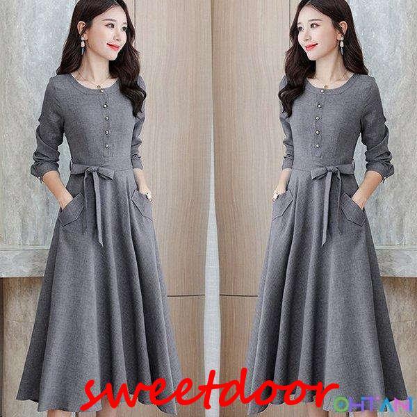 ワンピース レディース 秋 冬 40代 50代 きれいめ 長袖 マキシワンピース 綿麻 ロング丈 上品 大きいサイズ パーティードレス おしゃれ 着痩せ OL