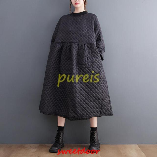 レディース キルティングワンピース 中綿ワンピース 中綿 コート 冬 キルティング ワンピース ロングワンピース Aライン 花柄 膝下 暖かい 防寒 あったか 厚手