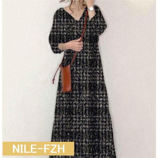 ワンピース レディース 40代 秋冬 長袖 ロングワンピース vネック ワンピース チェック柄 マキシ丈 通勤着 可愛い ゆったり 体型カバー 30代 40代 50代