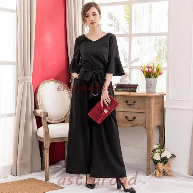 パーティードレス パンツドレス パンツスーツ パンツスタイル セットアップ フォーマルドレス 結婚式 二次会 ウエストリボン ワイドパンツ ツーピース