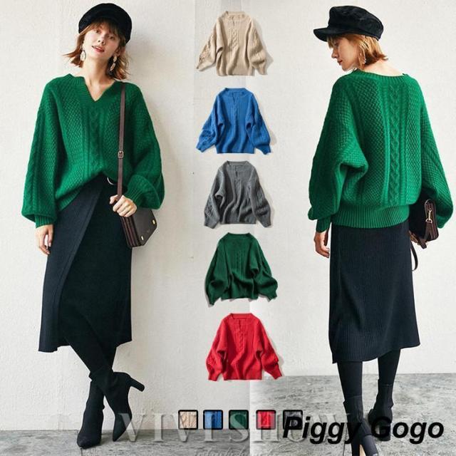 ケーブルニット ニット ケーブル編み アランニット トップス レディース セーター ゆったり キーネック 長袖 プルオーバー