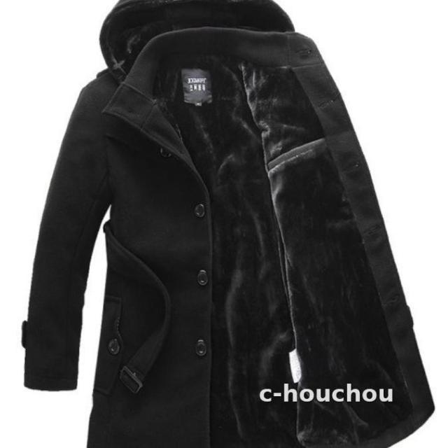 ビジネスコート 秋冬ダッフルコート メンズ ロング丈 メルトン フード 裏起毛 あったか 厚手 アウター ベルト付き スリム 防寒 ウール混コート