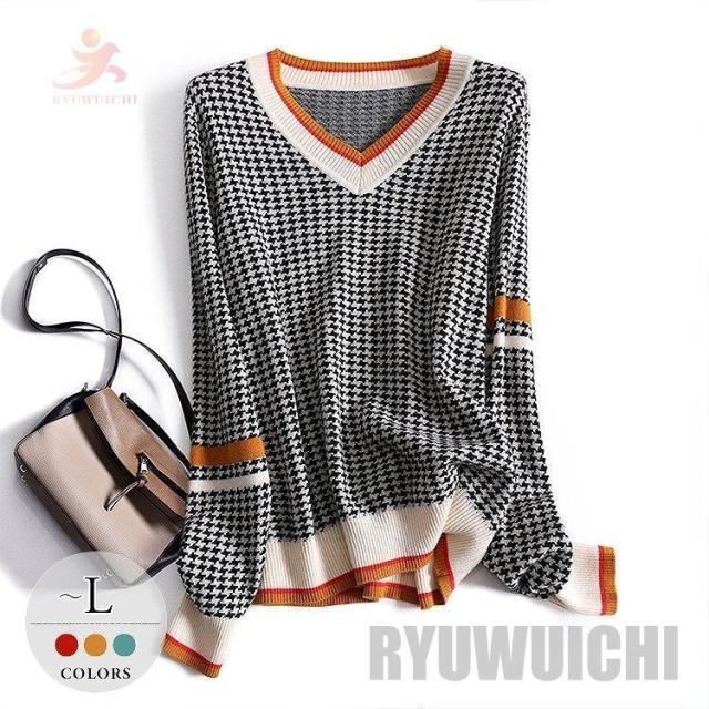 セーター トップス レディース ハイゲージニット 総柄 千鳥格子 Vネック 長袖 カジュアル 上品 レッド オレンジ グリーン 母親 お洒落 リラックス