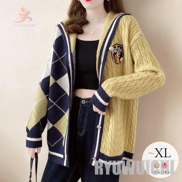 カーディガン トップス 長袖 セーラー襟 ニット アーガイル柄 ワッペン アシンメトリー 大人カジュアル イエロー レッド 魅力的 リラックス おしゃれ