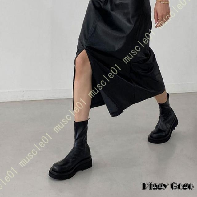 ブーツ レディース ストレッチ 厚底 ミドル丈 カジュアル バックファスナー ローヒール ジョッキーブーツ 大きいサイズ シンプル 美脚 ブーツ 黒 秋冬