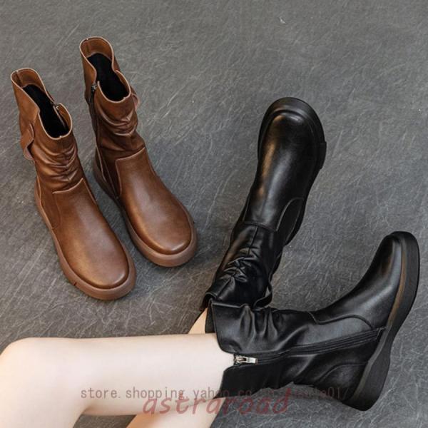 レディース ショートブーツ 本革 サイドジップ 厚底 インヒール 歩きやすい カジュアル レディースブーツ 合皮 柔らかい ソフトレザー ラウンドトゥ