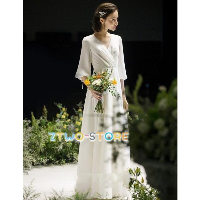 ウェディングドレス 袖あり ウェディングドレス 大きいサイズ 3L 4L 小さいサイズ ウェディングドレス 二次会 シンプル カシュクール Vネック 五分袖 七分袖