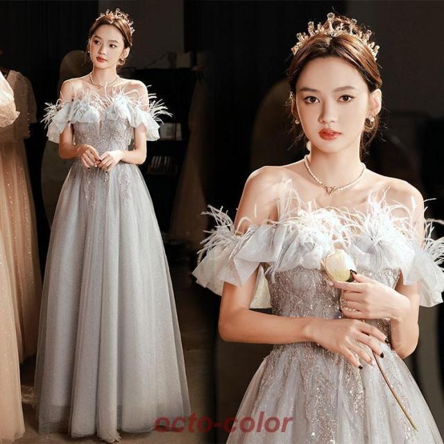 イブニングドレス グレー ロングドレス 高級感 フォーマル ビスチェドレス スパンコール キラキラ ドレス フレア 演奏会 誕生日 プリンセスドレス ノースリーブ