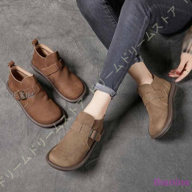 本革 ショートブーツ ベルト ラウンドトゥブーツ レディース ローヒール エスニック ブーツ ラウンドトゥ ブーティー 歩きやすい 美脚 デザートブーツ