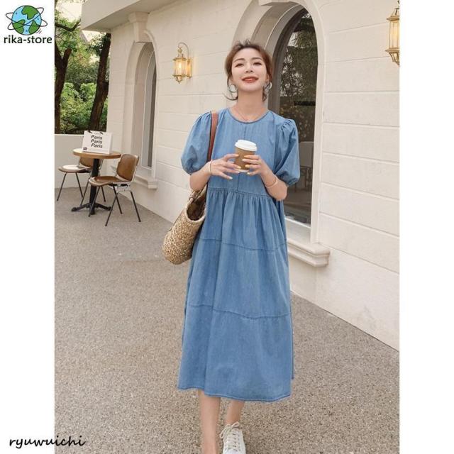 デニムワンピース ロング 半袖 ティアードワンピース Aライン ワンピース レディース パフスリーブ シンプル カジュアル 大きいサイズ 3L 春 夏 青