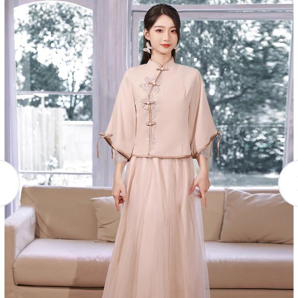 パーティードレス レディース ミモレ丈 Aラインワンピース ロングドレス 演奏会 二次会ドレス 披露宴 立ち襟 チャイナ風 長袖 ウェディング 結婚式 ドレス