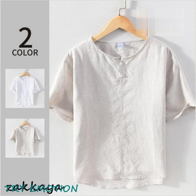 リネンシャツ メンズ 半袖シャツ バンドカラー ヘンリーネック プルオーバーシャツ 夏 夏物 カジュアル