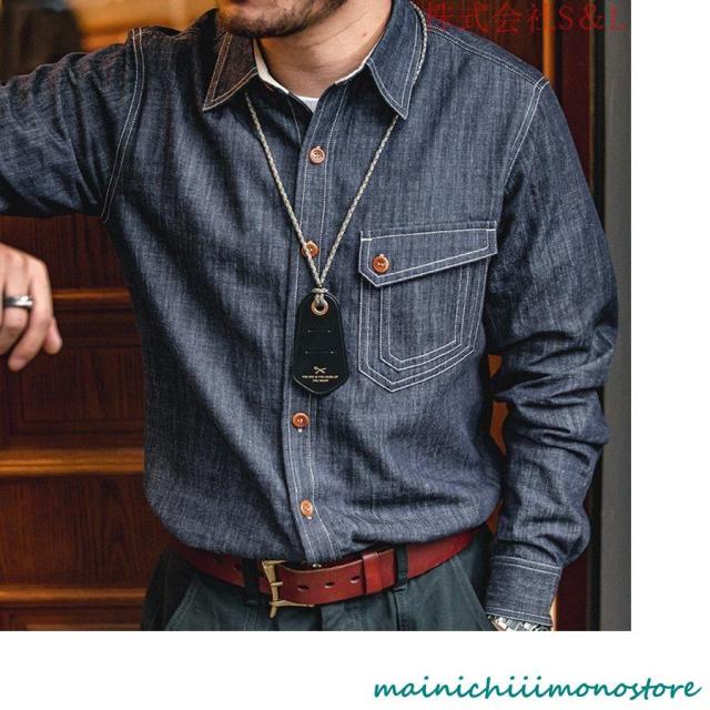デニム シャツジャケット メンズ ビジネス 通勤 作業着 ワークシャツ 長袖シャツ カジュアル V 海軍 アメカジ レトロ