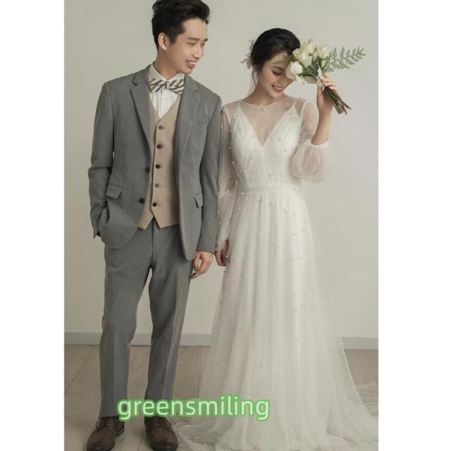 ウェディングドレス ロングドレス スレンダードレス チュール 長袖 パール 二次会 結婚式 前撮り ワンピース 白 ブライダル 花嫁 ウエディングドレス