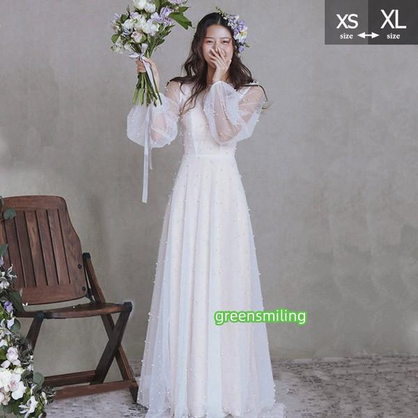 ウェディングドレス 花嫁 長袖 シンプル 白ドレス Vネック ワンピース 花嫁 結婚式 二次会 披露宴 前撮り 後撮り 撮影用