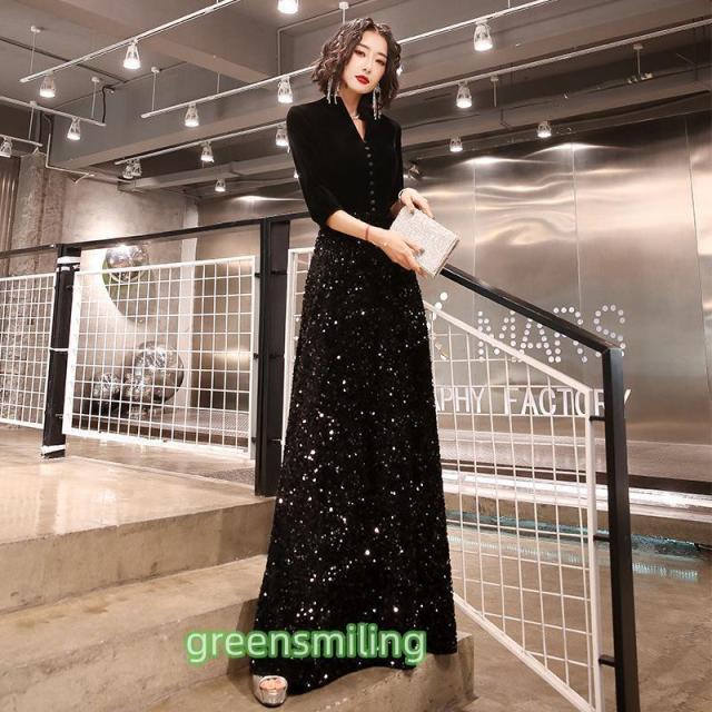 ロングドレス 母親 結婚式 演奏会用ドレス 袖付き 大人 ピアノ 発表会 キラキラ パーティー ワンピース お呼ばれ Vネック パーティードレス ドレス