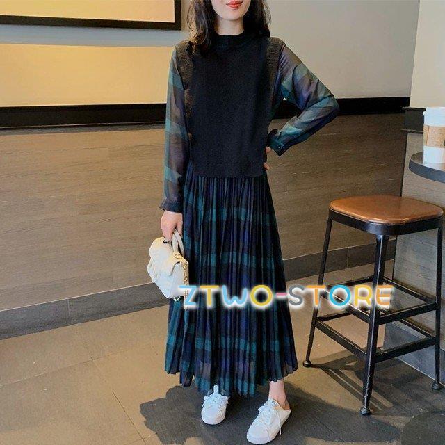 【爆買】レイヤード風ワンピース 切り替え ワンピース レディース ロング 長袖 マキシワンピース チェックワンピース 大きいサイズ 3L 4L 5L カジュアル
