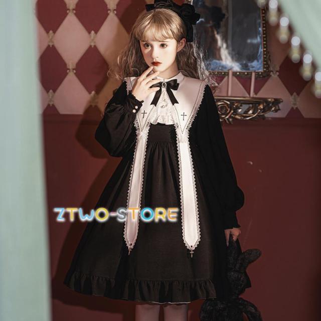 【爆買】ワンピース 長袖レース フリル Lolita ドレスロリータ ゴシック ワンピース 秋冬 黒ロリ ゴスロリ クロス