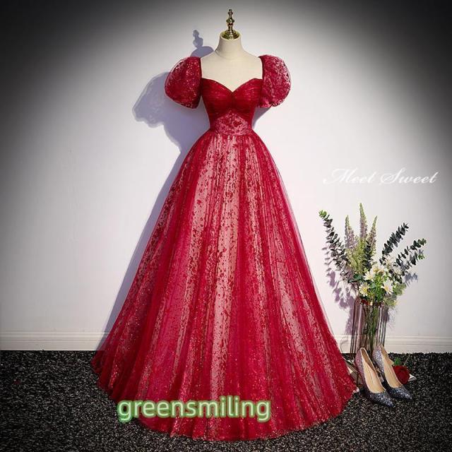 カラードレス 編み上げ ワインレッド 半袖 ステージドレス ロングドレス 結婚式 二次会 発表会 演奏会 ウェディングドレス ウエディングドレス プリンセスドレス