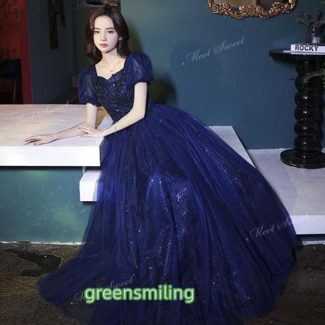 カラードレス ダークブルー 半袖 編み上げ パフスリーブ 二次会 ウェディングドレス 演奏会 結婚式 発表会 同窓会 成人式 パーティードレス ネイビー コンクール