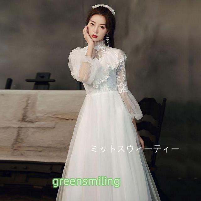 ウェディングドレス マキシ丈スカート レース 結婚式 半袖 パーティードレス 二次会 前撮り 後撮り ウエディングドレス ブライダル 花嫁 披露宴 演奏会 発表会