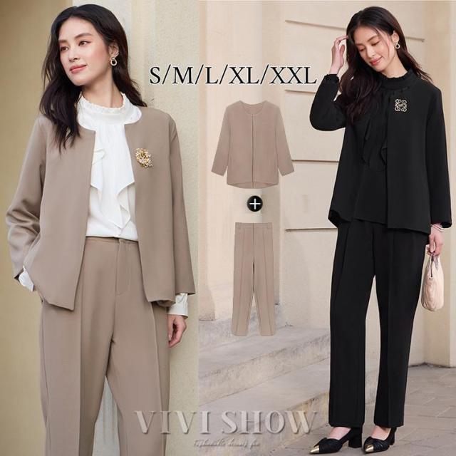 セットアップ レディース ジャケット パンツ ノーカラー フォーマル 長袖 ロング丈 テーパード オシャレ オケージョン