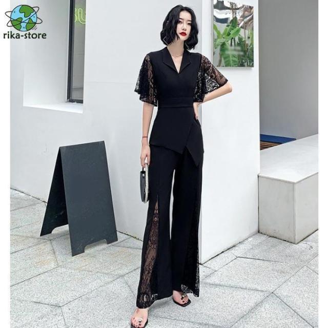 パンツドレス かっこいい パーティードレス 結婚式 お呼ばれドレス パンツ ジャンプスーツ 半袖 袖あり レース袖 黒 大きいサイズ 3L 4L 小さいサイズ 韓国