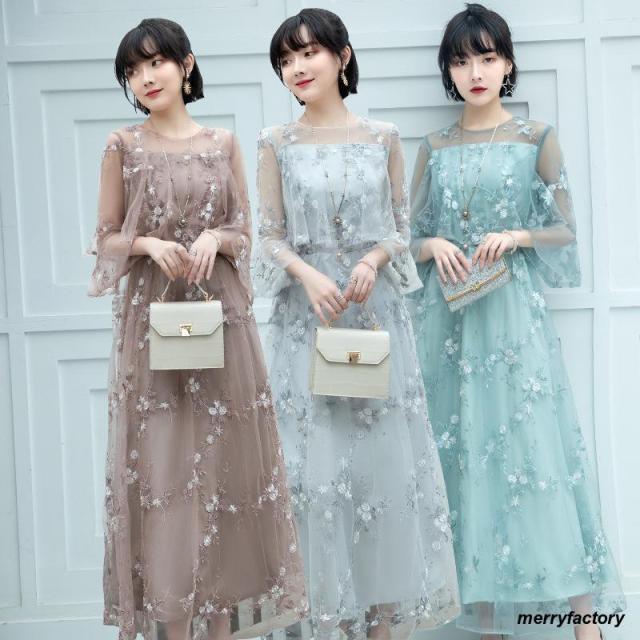 結婚式 パーティードレス 大きいサイズ ワンピース マタニティ お呼ばれ レース フリル ドレス マキシ きれいめ 楽チン 女子会 食事会 デート