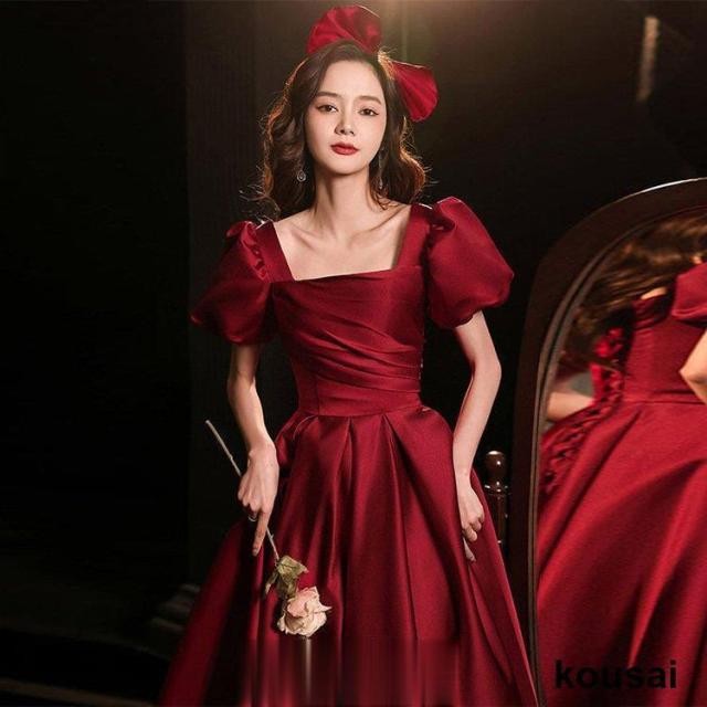 結婚式ドレス ワイン赤 イブニングドレス パフスリーブ サテン ドレス リボン 可愛い プリンセスドレス ロングドレス 発表会ドレス ワインレッド ゲストドレス
