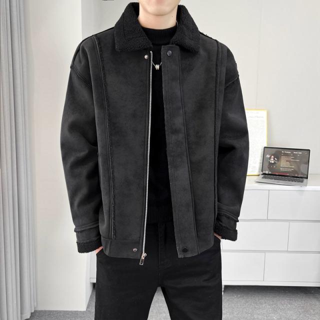 2025 冬 メンズ用 皮毛一体レザージャケット 加？加厚 子羊のフリース風棉衣外套 スエード皮ジャケット