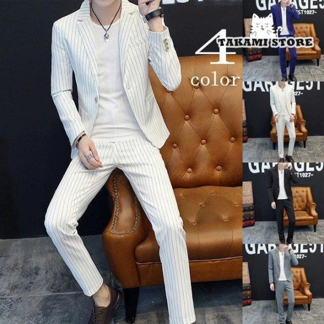 カジュアルスーツ メンズ セットアップ サマースーツ おしゃれ サマージャケット テーラード 長袖 スキニーパンツ 上下 紳士服 ストライプ