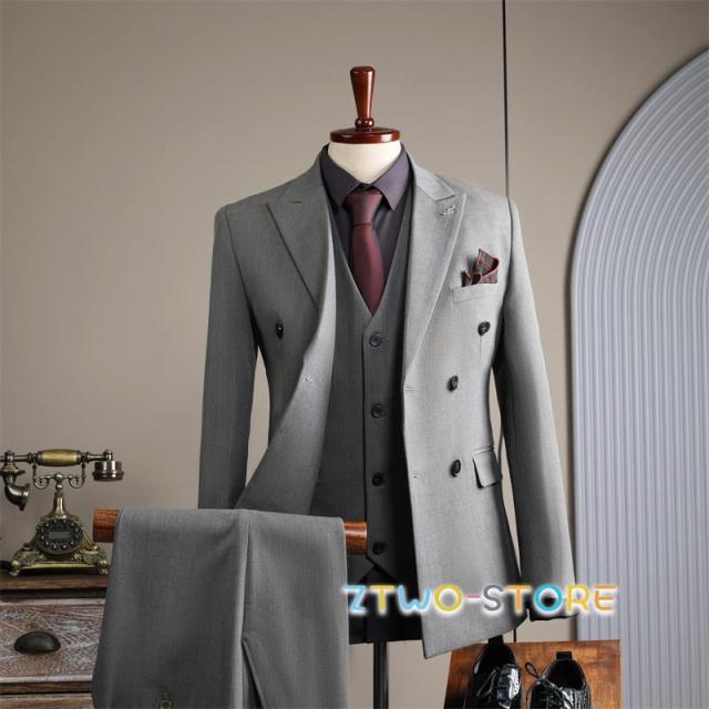 タキシードスーツ 3ピーススーツ メンズスーツ ストライプ ダブルボタンスーツ 結婚式 二次会 成人式 卒業式 就職活 春秋冬 ビジネスフォーマルスーツ