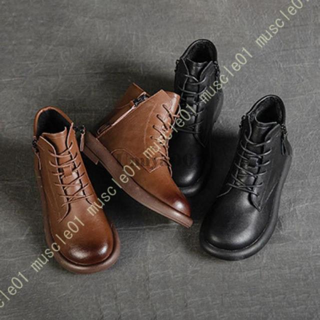 ブーツ レディース ジッパー ブーツレースアップブーツ 牛革 厚底 編み上げブーツ 柔らかい 黒 袴用 着やすい ある 滑り止め サイドジッパー 秋冬