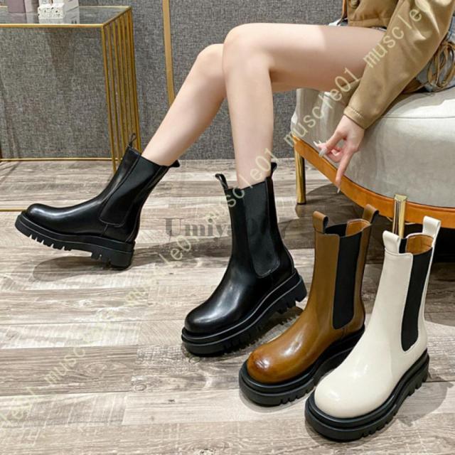 レディースシーブーツ カジュアル 本革 秋冬靴 厚底 美脚 おしゃれ 歩きやすい ブーツ チェルシーブーツ レディース サイドゴア 厚底靴 ラウンドトゥ