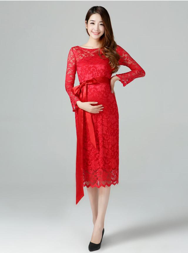 超可愛い マタニティ 妊婦ドレス ミディアムドレス ワンピ パーティドレス ミドル丈 9分袖 赤 白 黒 大きいサイズ 結婚式 二次会 D078